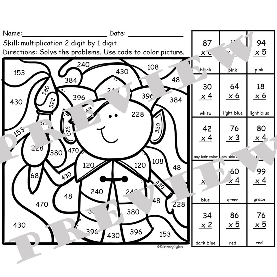 CHRISTMAS 2 DIGIT BY 1 DIGIT MULTIPLICATION COLOR BY NUMBER CODE ELF