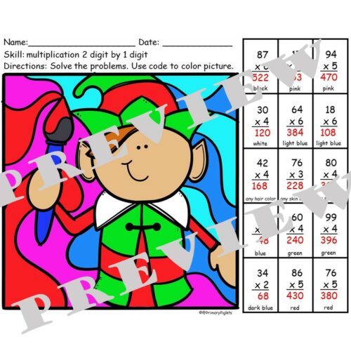 CHRISTMAS 2-DIGIT BY 1 DIGIT MULTIPLICATION COLOR BY NUMBER CODE ELF ...