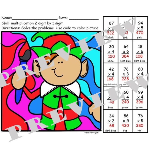 CHRISTMAS 2-DIGIT BY 1 DIGIT MULTIPLICATION COLOR BY NUMBER CODE ELF ...