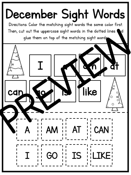 December Kindergarten Worksheets - Cut Glue and Match Sight Words ...