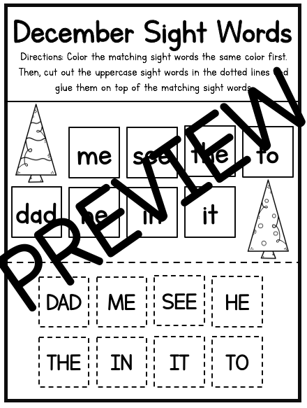 December Kindergarten Worksheets - Cut Glue and Match Sight Words ...