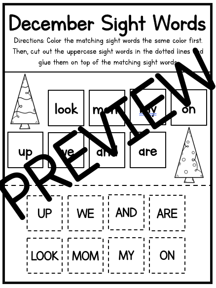 December Kindergarten Worksheets - Cut Glue and Match Sight Words ...