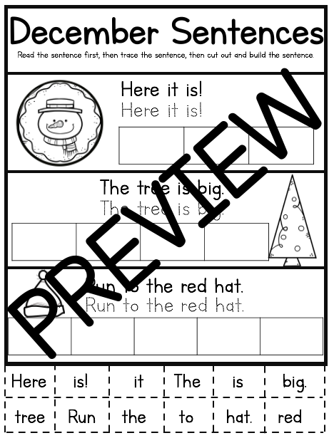 December Kindergarten Worksheets - Cut Glue and Match Sentences Center ...