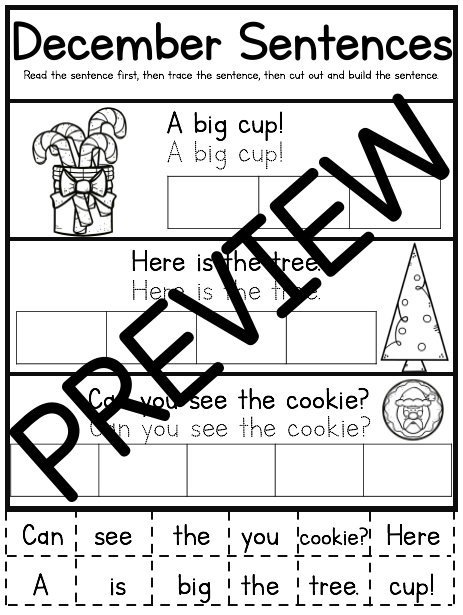 December Kindergarten Worksheets - Cut Glue and Match Sentences Center ...