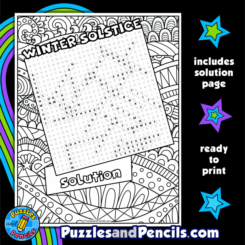 Winter Solstice Word Search Puzzle Activity Page with Coloring | Made ...