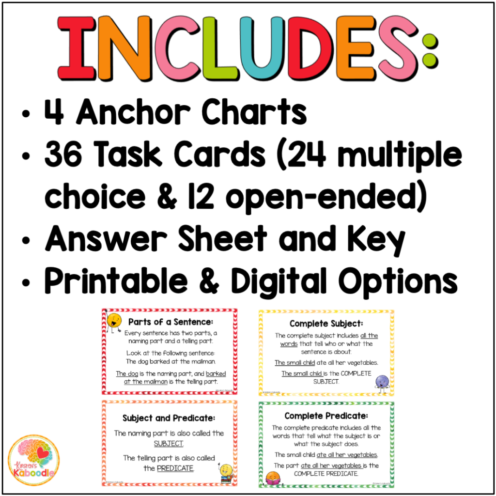 Subject and Predicate Task Cards and Anchor Charts | Made By Teachers
