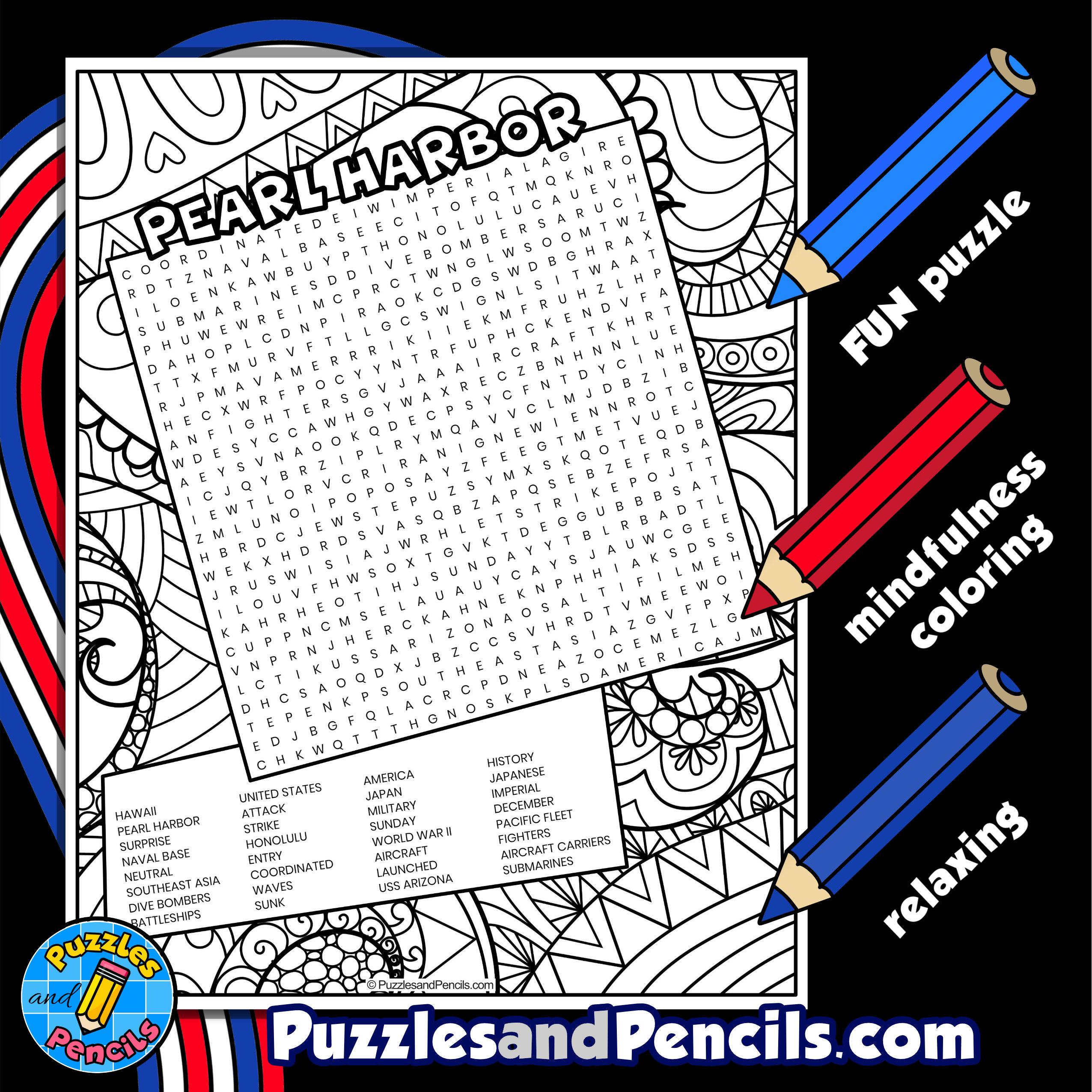 Pearl Harbor Word Search Puzzle Activity Page with Coloring | Made By ...