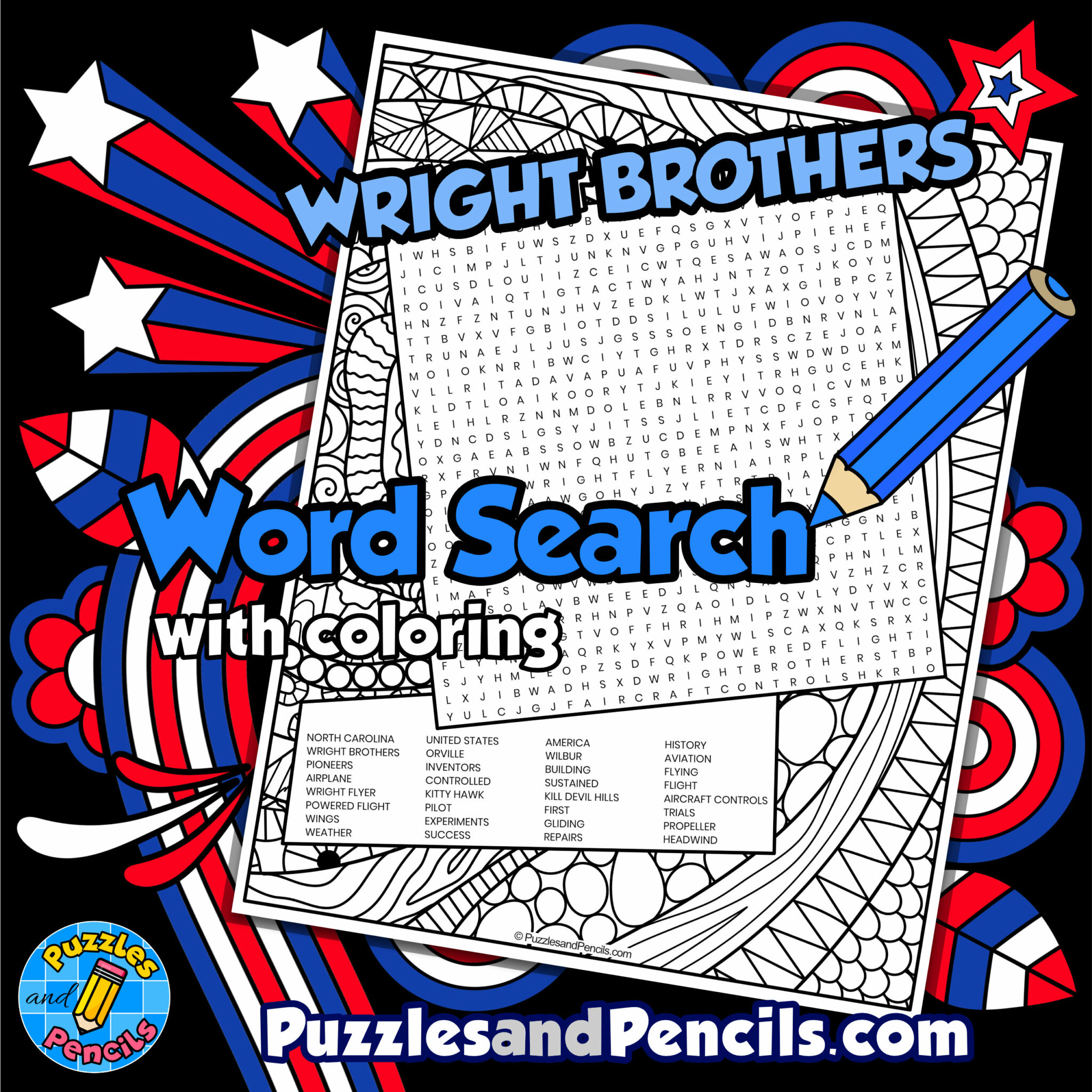 Wright Brothers Word Search Puzzle Activity Page with Coloring | Made ...