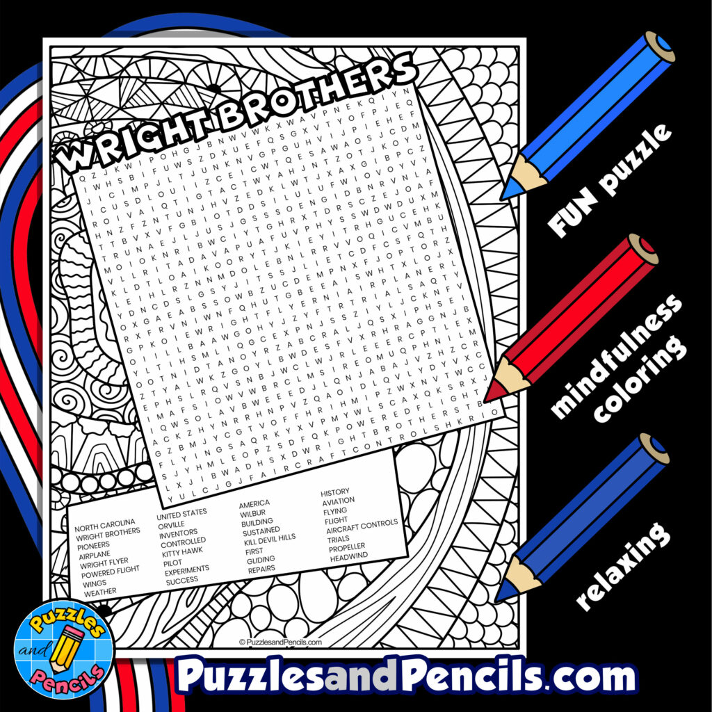 Wright Brothers Word Search Puzzle Activity Page with Coloring | Made ...