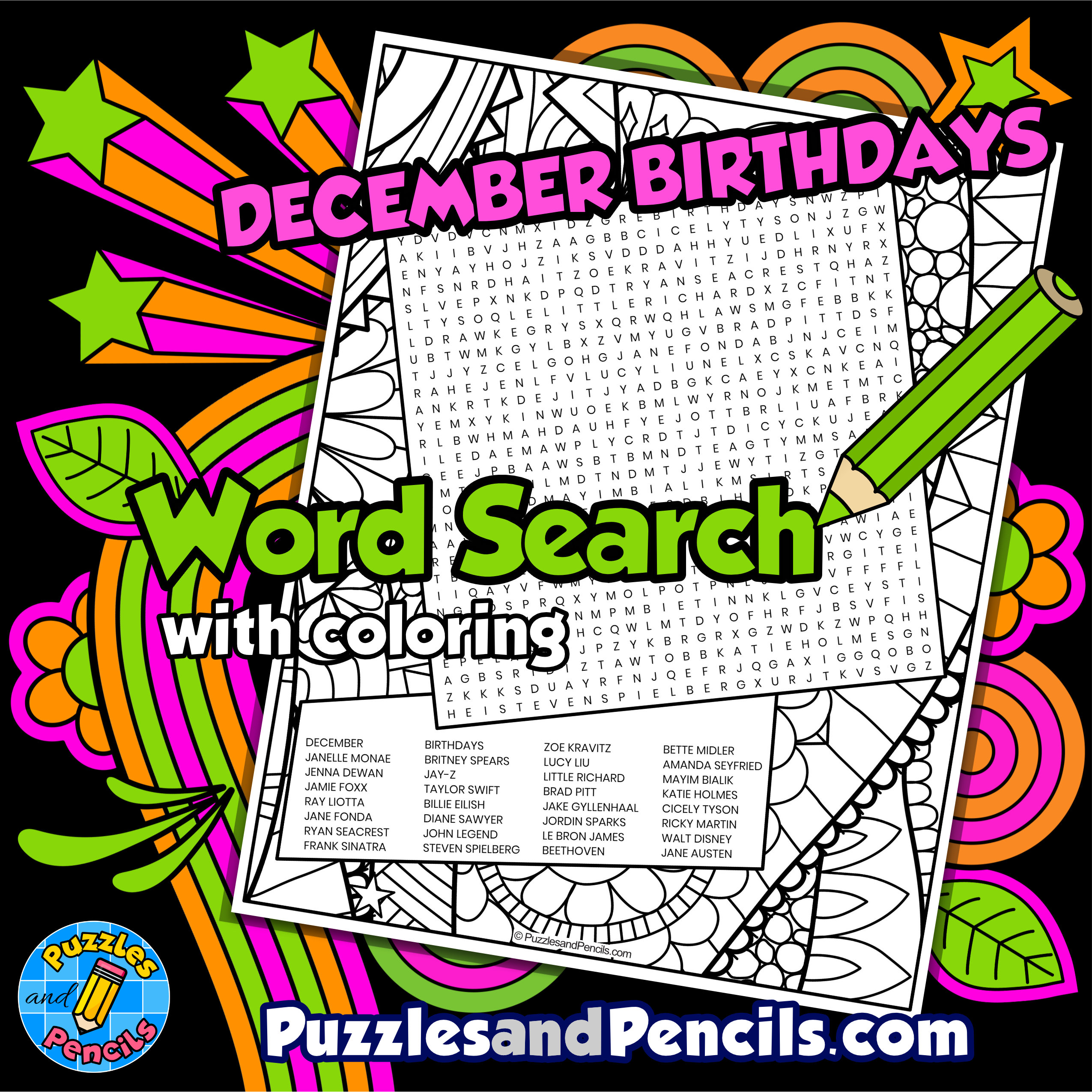 Famous December Birthdays Word Search Puzzle Activity Page with ...