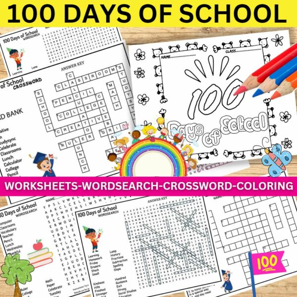 100 Days of School Activity Worksheets Activity, WordSearch- Crossword ...