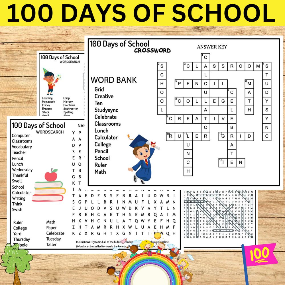 100 Days of School Activity Worksheets Activity, WordSearch- Crossword ...