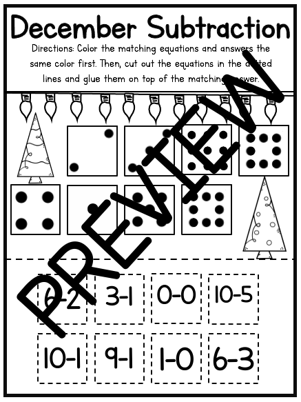 December Kindergarten Worksheets - Cut Glue and Match Subtraction Math ...