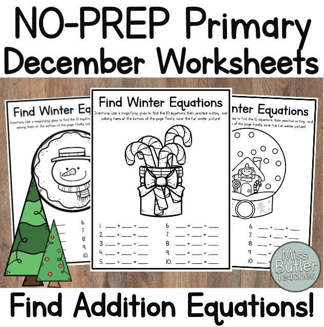 December Kindergarten Worksheets - Find Winter Addition Equations Math ...