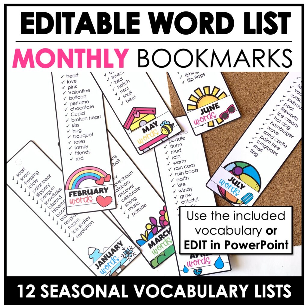 Editable Monthly Vocabulary Bookmarks - Seasonal Word Lists for ELL ...