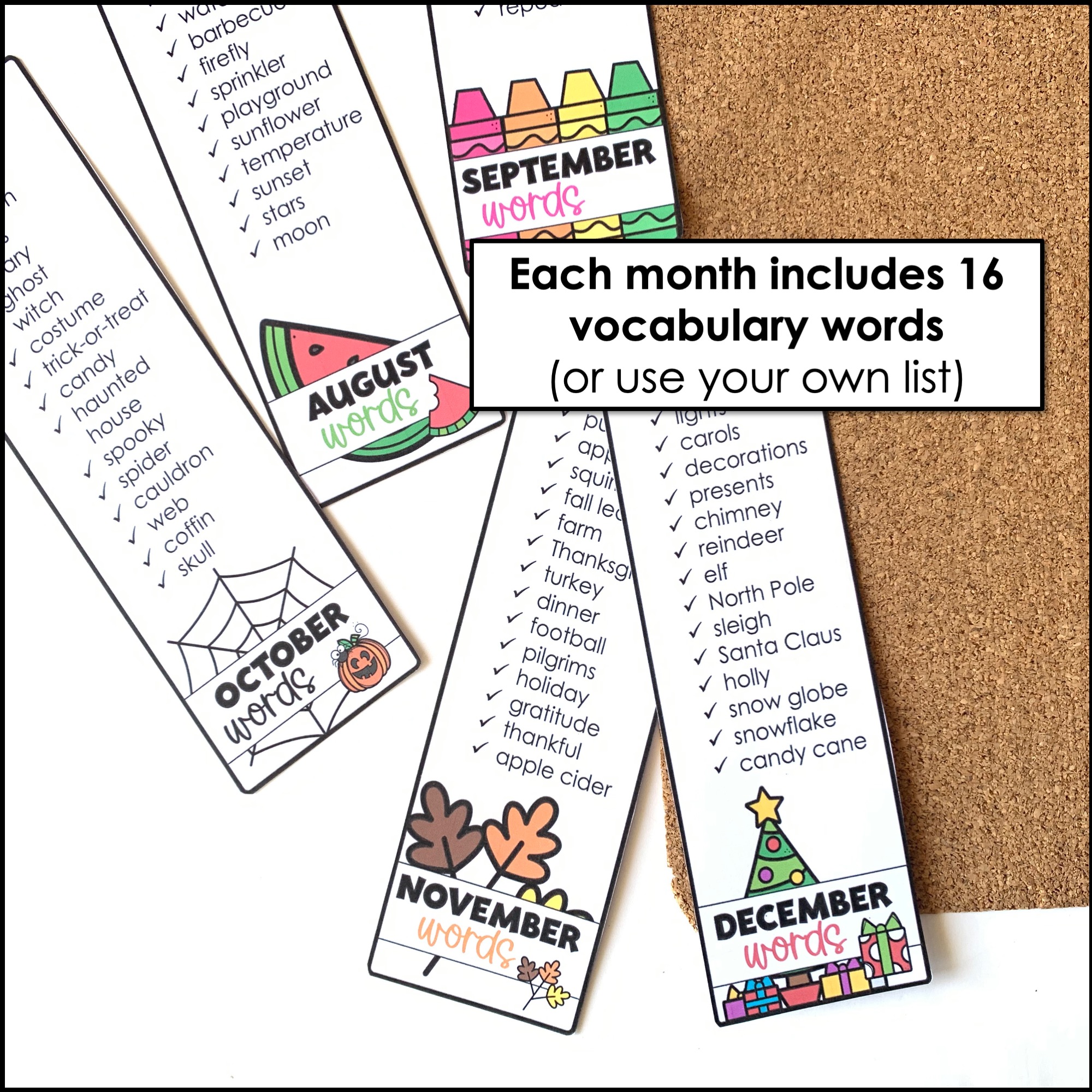 Editable Monthly Vocabulary Bookmarks - Seasonal Word Lists for ELL ...