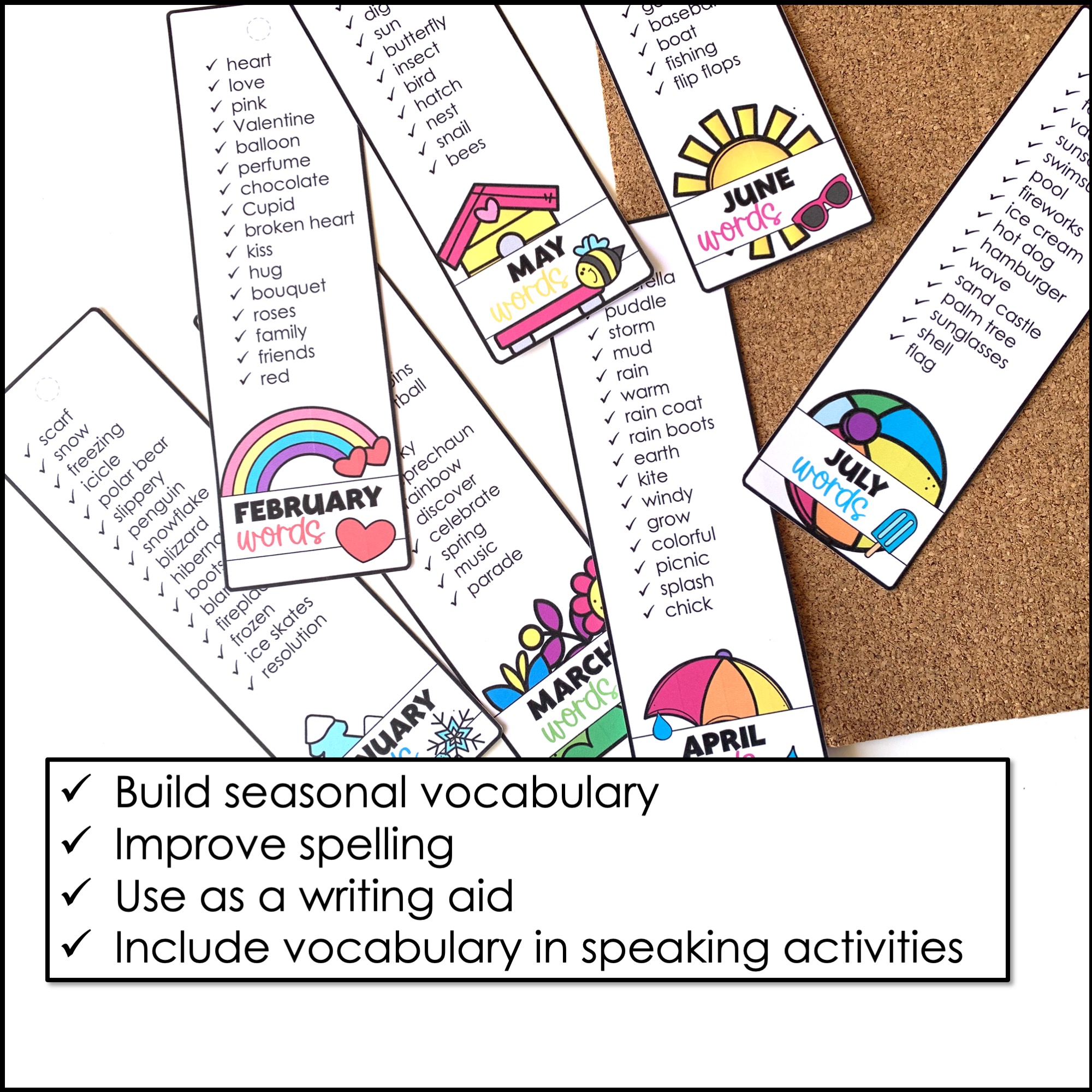 Editable Monthly Vocabulary Bookmarks - Seasonal Word Lists for ELL ...