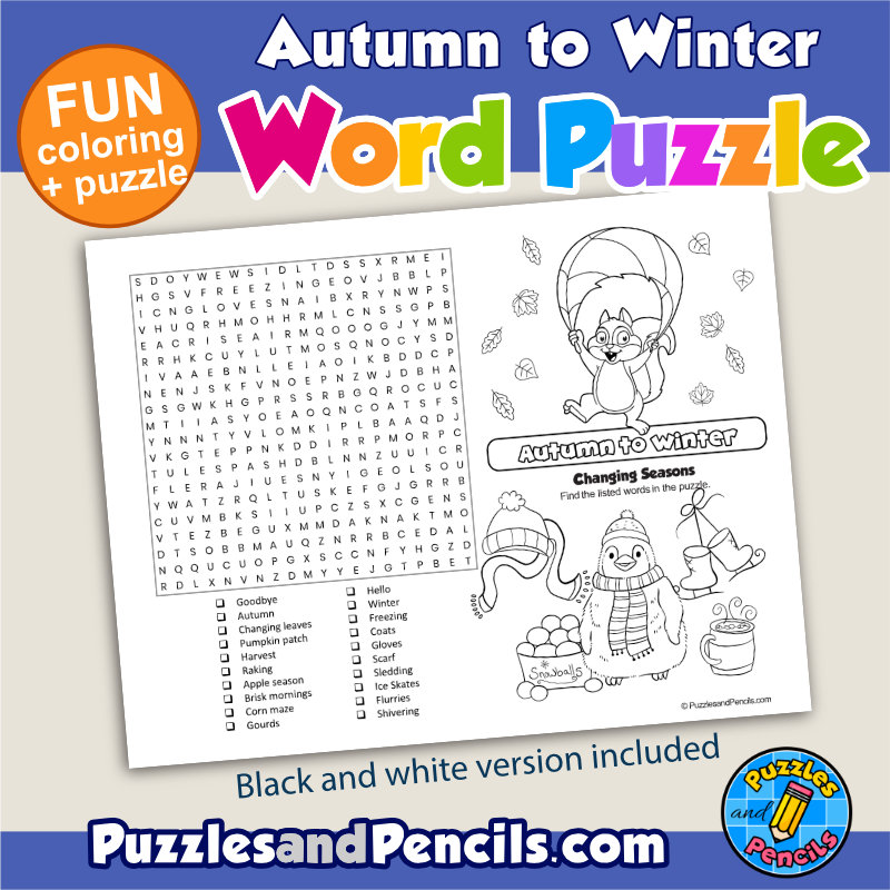 Autumn to Winter Word Search Puzzle Activity Page with Coloring ...