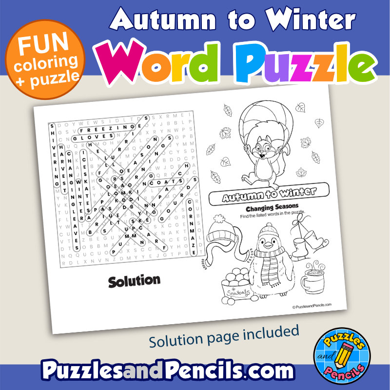Autumn to Winter Word Search Puzzle Activity Page with Coloring ...