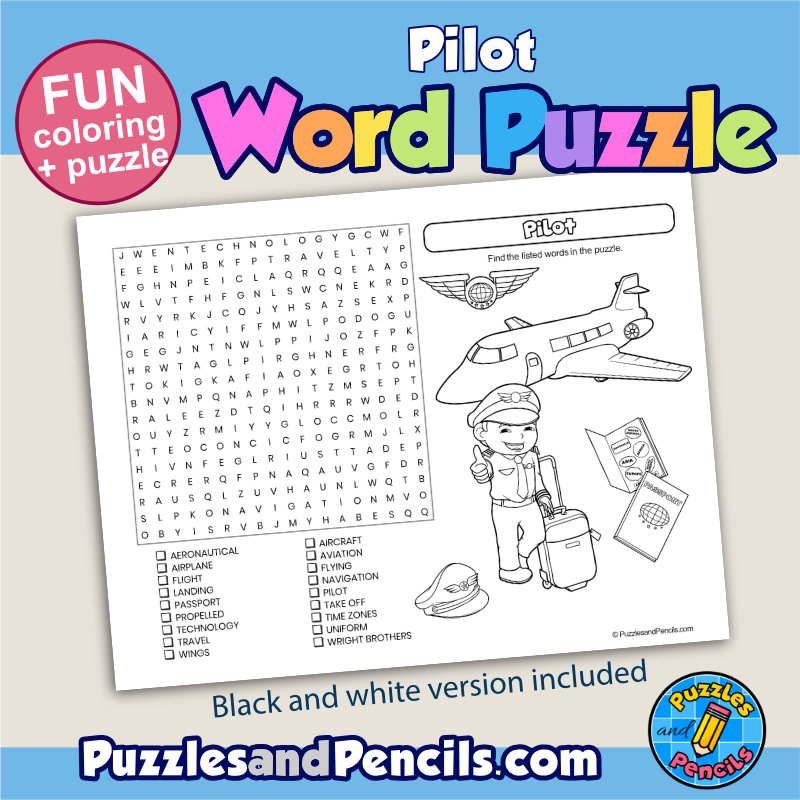 Pilot Word Search Puzzle Activity Page with Coloring | Career ...