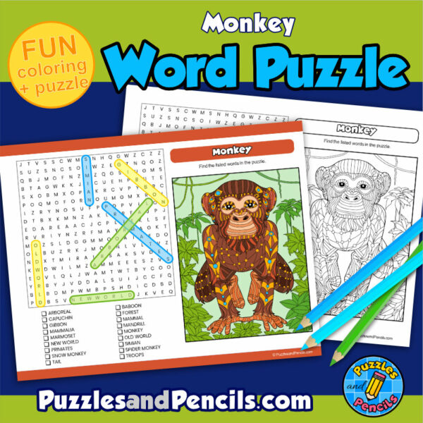Monkey Word Search Puzzle Activity Page with Coloring | Wordsearch ...