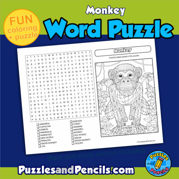 Monkey Word Search Puzzle Activity Page with Coloring | Wordsearch ...
