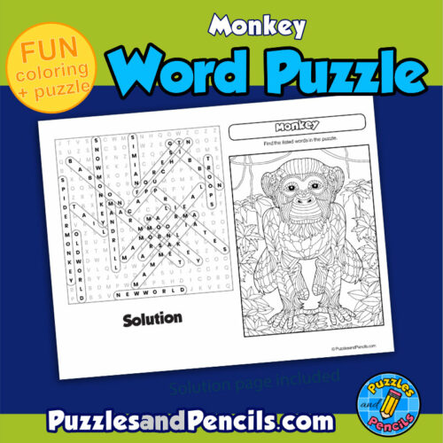 Monkey Word Search Puzzle Activity Page with Coloring | Wordsearch ...
