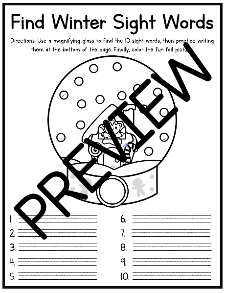 December Kindergarten Worksheets - Find Winter Sight Words Center ...