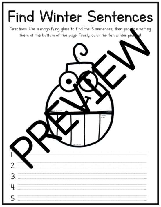December Kindergarten Worksheets - Find Winter Sentences Center | Made ...