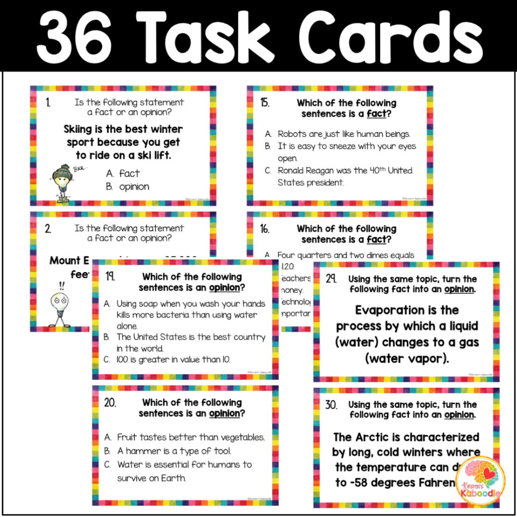 Fact and Opinion Worksheets, Task Cards, and Anchor Charts Activities ...
