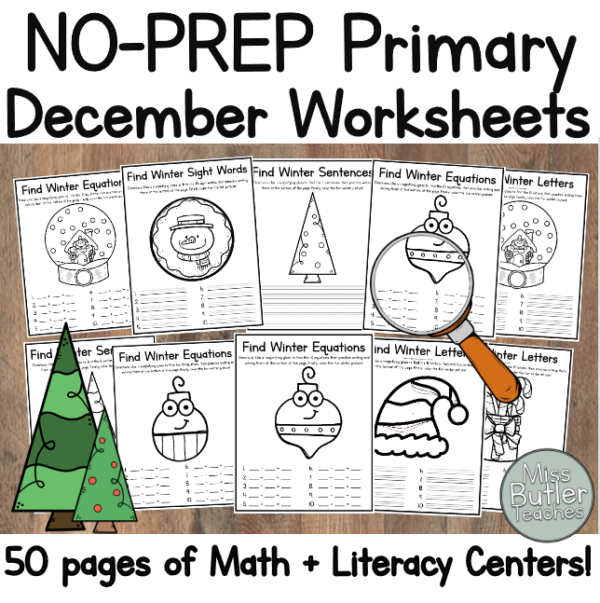 December Kindergarten Worksheets - Find Winter Math + Literacy Centers ...