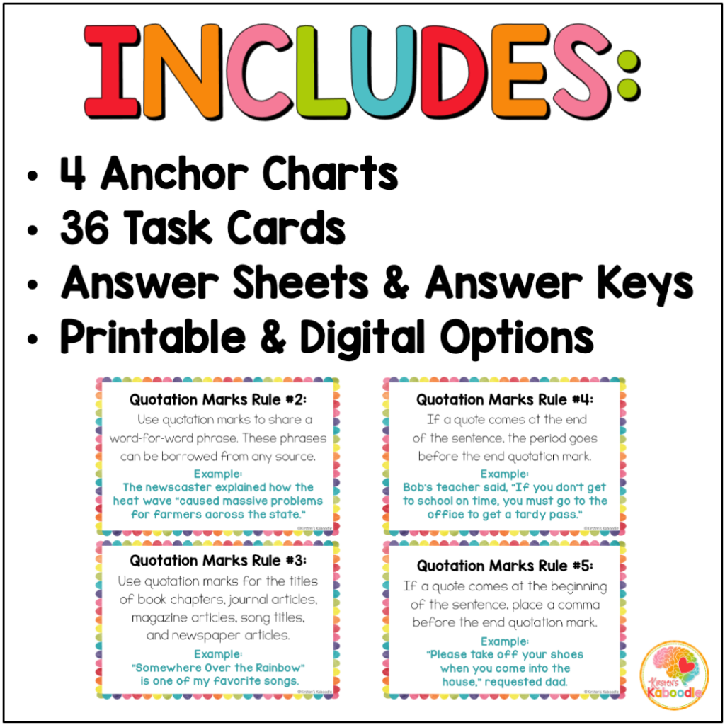 Quotation Marks Activities: Dialogue Task Cards and Anchor Charts ...