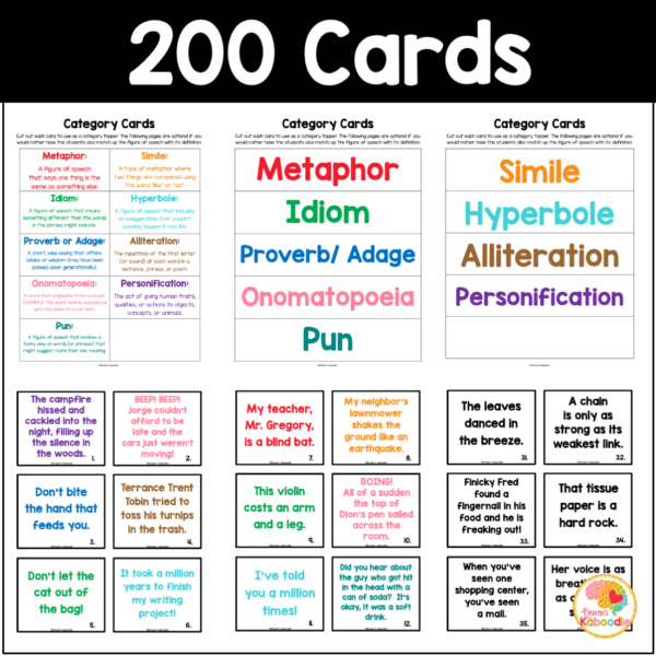 Figurative Language Sorting Activity: Over 200 Cards Figures of Speech ...