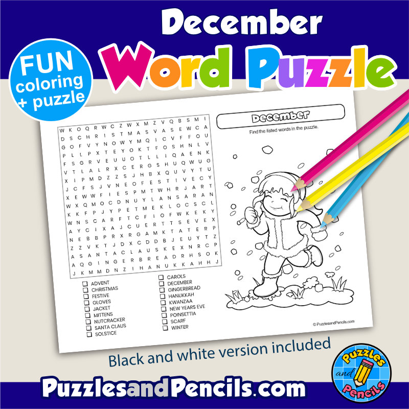 December Word Search Puzzle Activity Page with Coloring | Wordsearch ...