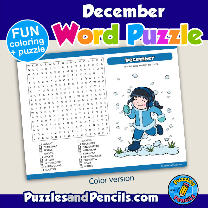 December Word Search Puzzle Activity Page with Coloring | Wordsearch ...