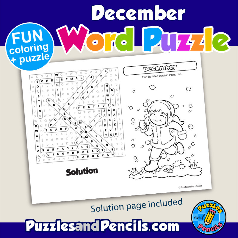 December Word Search Puzzle Activity Page with Coloring | Wordsearch ...