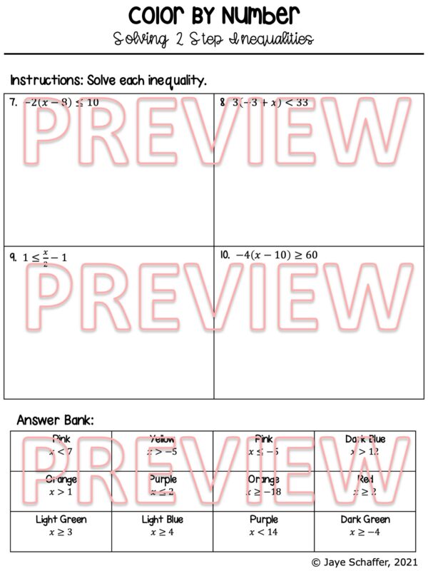 Solving Two Step Inequalities Coloring Activity - Made By Teachers