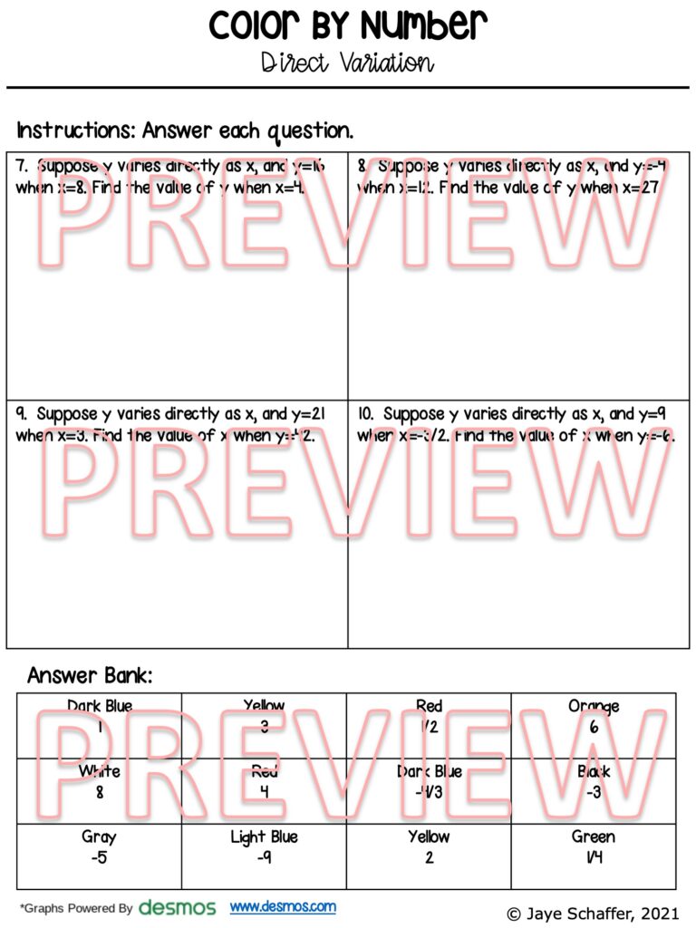 Direct Variation Coloring Activity | Made By Teachers