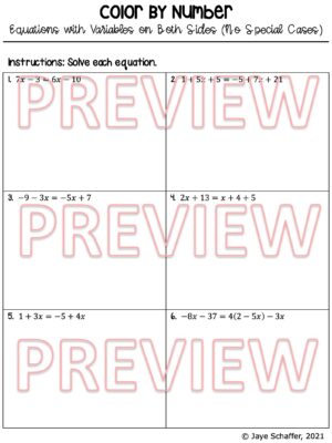 Solving Equations with Variables on Both Sides Coloring Activity - Made ...