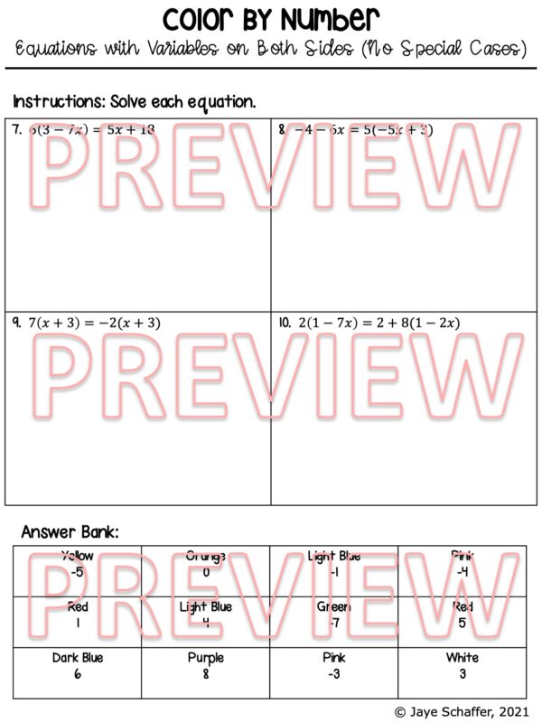 Solving Equations with Variables on Both Sides Coloring Activity | Made ...