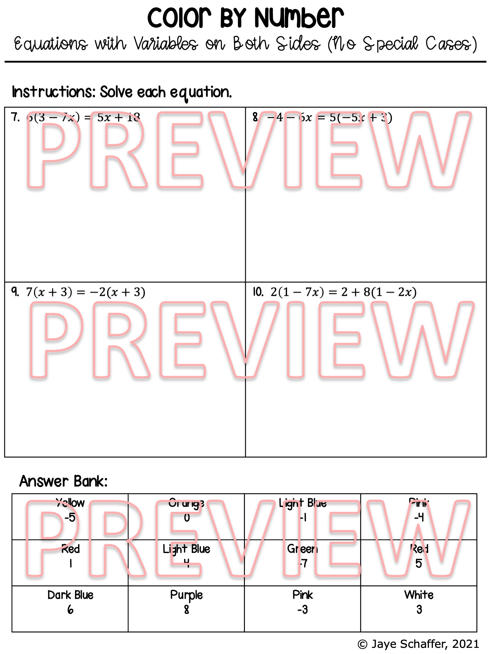 Solving Equations with Variables on Both Sides Coloring Activity | Made ...