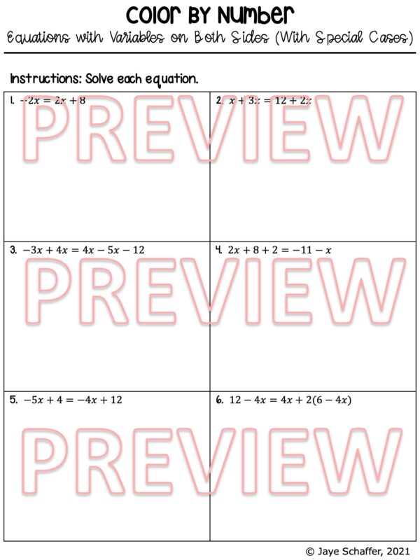 Solving Equations with Variables on Both Sides Coloring Activity - Made ...