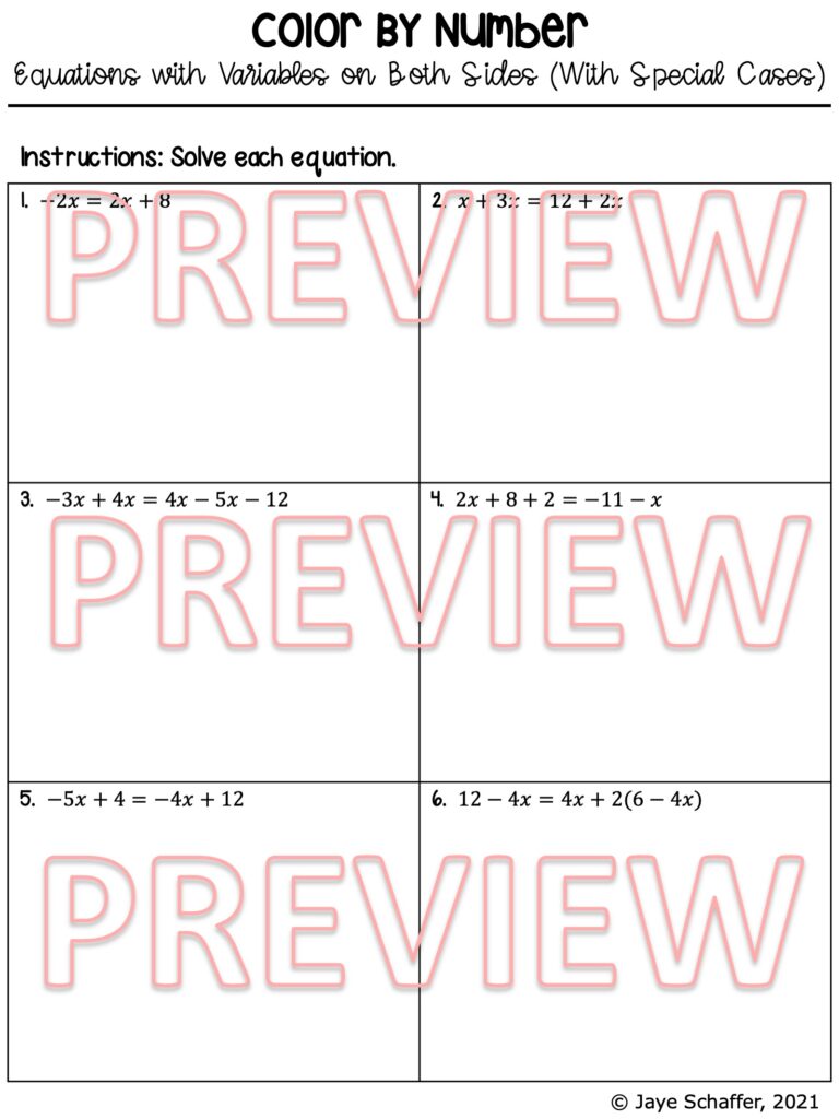 Solving Equations with Variables on Both Sides Coloring Activity - Made ...