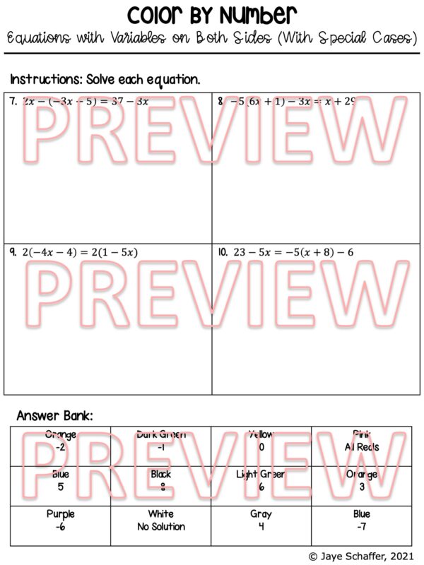 Solving Equations with Variables on Both Sides Coloring Activity - Made ...