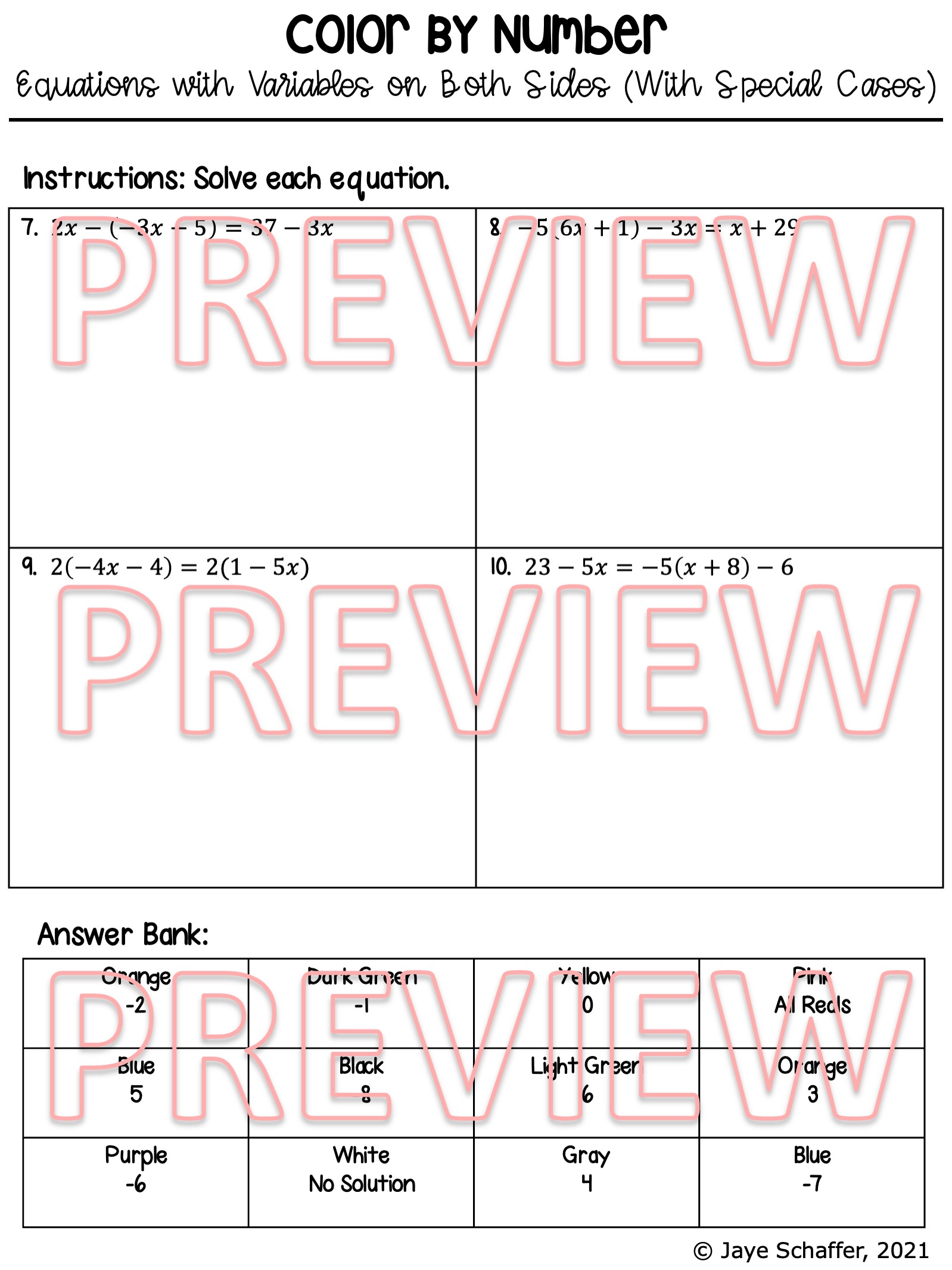 Solving Equations with Variables on Both Sides Coloring Activity | Made ...