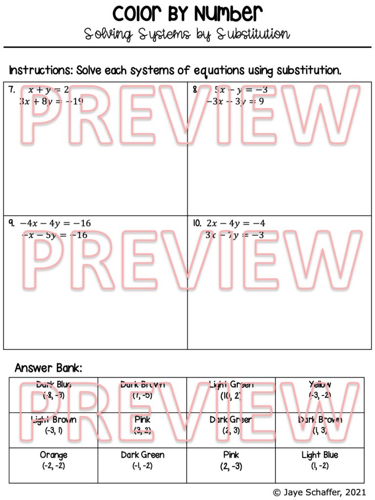 Solving Systems of Equations by Substitution Coloring Activity | Made ...