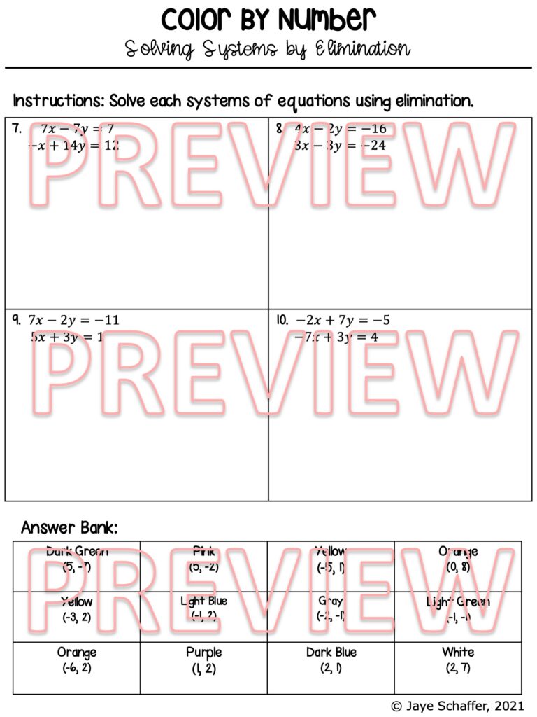 Solving Systems of Equations by Elimination Coloring Activity | Made By ...