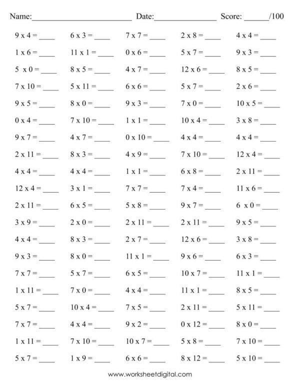 10 Printable Math Drills Multiplication, Timetable 0 to 12, Practice ...