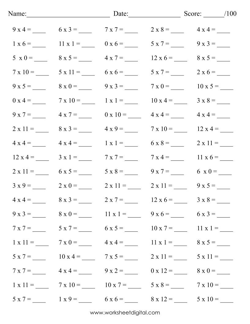 10 Printable Math Drills Multiplication Timetable 0 To 12 Practice