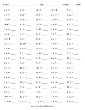 10 Printable Math Drills Multiplication, Timetable 0 to 12, Practice ...